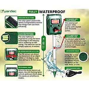 YARDEC Solar Animal Repellent Outdoor with Drill Bit - Waterproof Motion Activated Ultrasonic Animal Repeller with LED Flashing Light to Repel Deer, Rabbit, Squirrel, Skunk, Cat, Raccoon, Dog, etc.