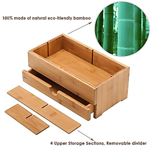 GOBAM Bamboo Makeup Organizers and Storage with Drawer - Wooden Cosmetic Organizer Countertop for Bathroom, Bedroom, Closet, Kitchen, Vanity & Dresser - Make up Vanity Station