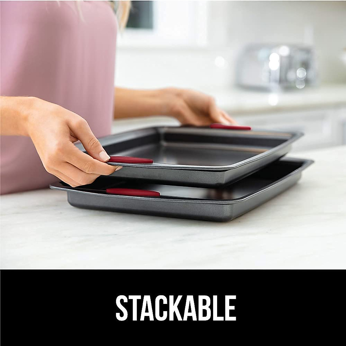 Gorilla Grip Cookie Sheets For Baking, 17.3x11.75 Inch, Set of 2, Large Non Stick Pans, Stays Flat in Oven, Perfect for Sheet Pan Meals, Easy Clean Up, Cooking Tray With Silicone Handles, Red