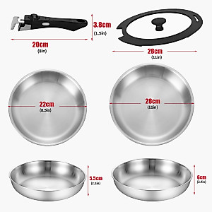 Inqibee Tri-ply Stainless Steel 8.5-12 Inch Sauté Pans with Lid,Stir Frying Pan Set,Skillets,Induction Pans for Home & RV Camping,Detachable Handle.