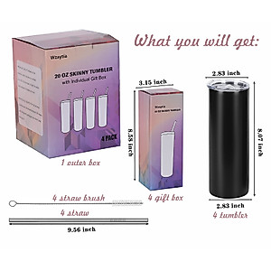 Wzaytia 4 Pack 20 Oz Straight Skinny Tumblers,Individually Gift Boxed Stainless Steel Slim Skinny Tumbler Set Bulk, 20 Oz Insulated Slim Thin Travel Tumbler Cup for Diy, Black