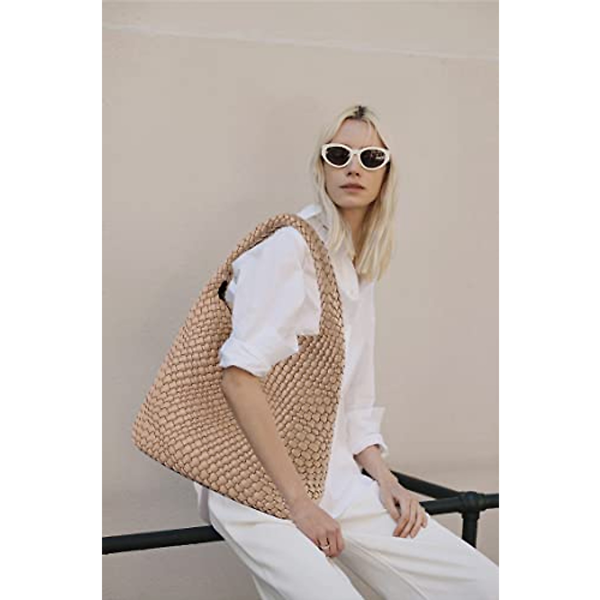 LMKIDS Women Vegan Leather Hand-Woven Tote Handbag Fashion Shoulder Top-handle Bag All-Match Underarm Bag with Purse (Khaki)