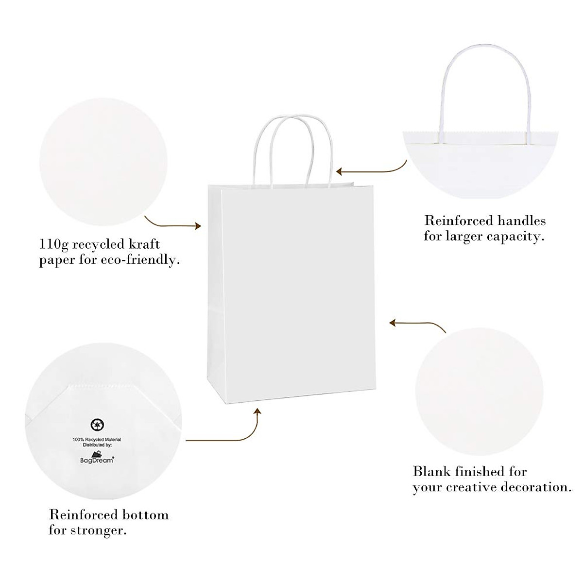 BagDream Paper Bags 10x5x13 100Pcs White Kraft Paper Gift Bags, Shopping Bags, Merchandise Bags, Retail Bags, Party Bags, Gift Bags with Handles Bulk, 100% Recyclable Paper Bags