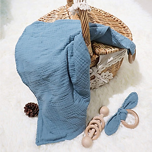 Baby Lovey, Wood Rattle, Teether Ring, 3 Pack Montessori Gift, Gray, Cotton, Double Gauze, Baby Shower, Gender Neutral Gift