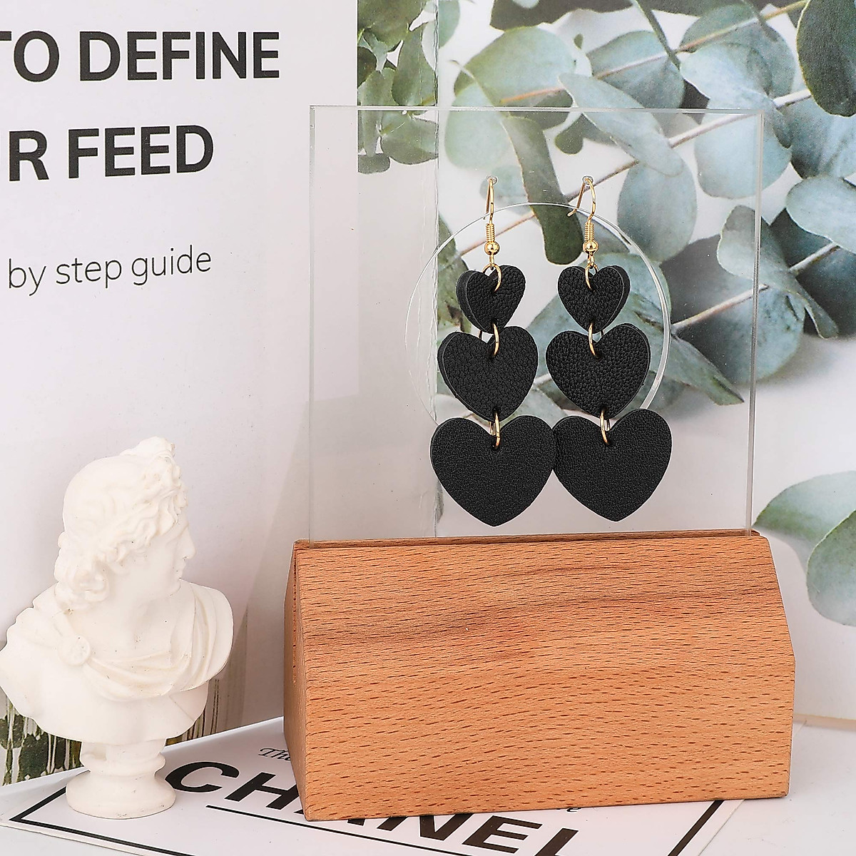 Jagucho Leather Earrings Dangle for Women, Lightweight Heart Earrings Drop (Black 42)