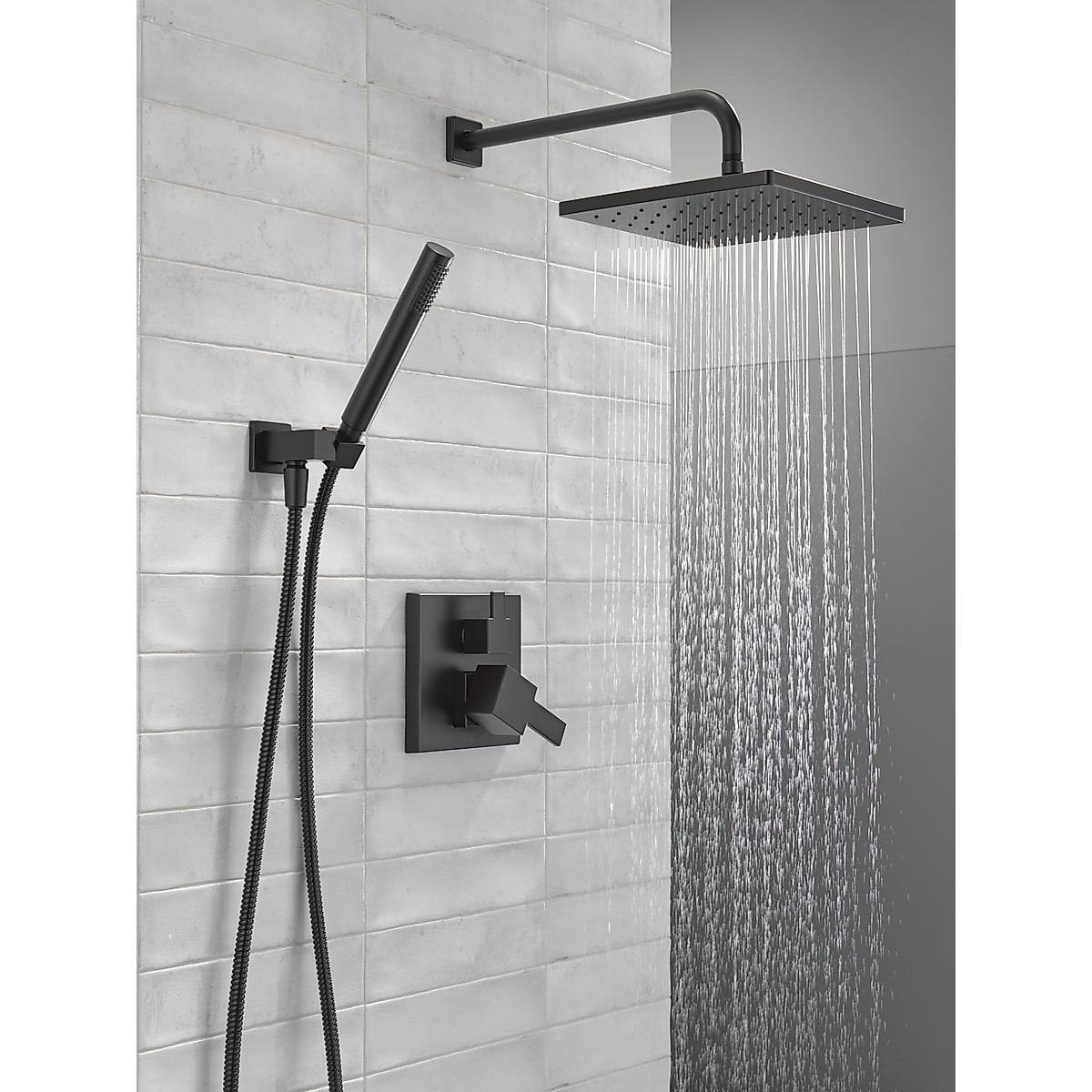 Delta Faucet Modern Raincan 2-Setting Square Shower System Including Rain Shower Head and Handheld Spray Black, Rainfall Shower System Brushed Black, Shower Valve Trim Kit, Matte Black 342701-BL