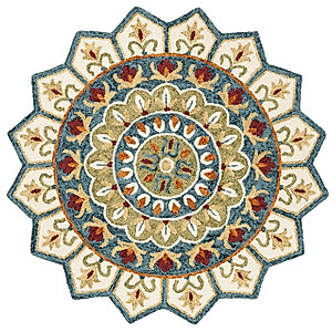 SAFAVIEH Novelty Collection Area Rug - 6' Round, Ivory & Blue, Handmade Boho Mandala Floral Rustic Country Wool, Ideal for High Traffic Areas in Living Room, Bedroom (NOV605M)