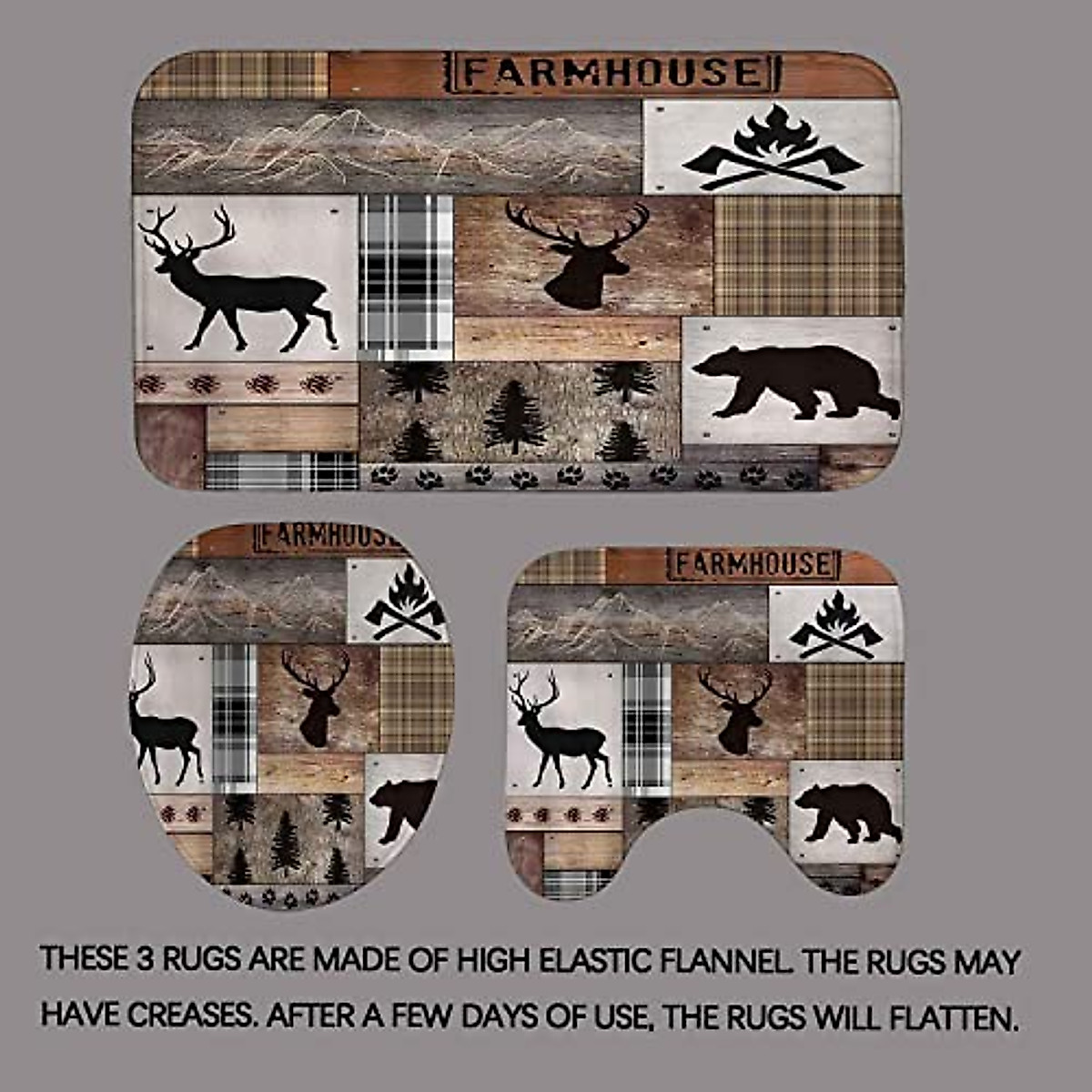 Dia Magico 4PCS Cabin Shower Curtain Set, Mountain Pine Tree Buffalo Plaid Bear Deer Elk Moose Forest Wildlife Woodland Animals Hunting Lodge Country Rustic Farmhouse Bathroom Decor, Non-slip Bath Mat