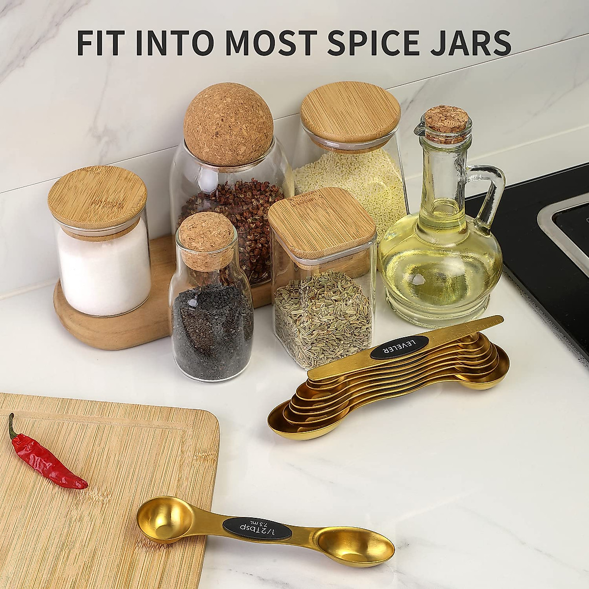 TLQSM Magnetic Measuring Spoons Set, Stainless Steel, Dual Sided, Stackable, Dual Sided for Measuring Dry and Liquid Ingredients, Fits in Spice Jars, Set of 8（Gold ）