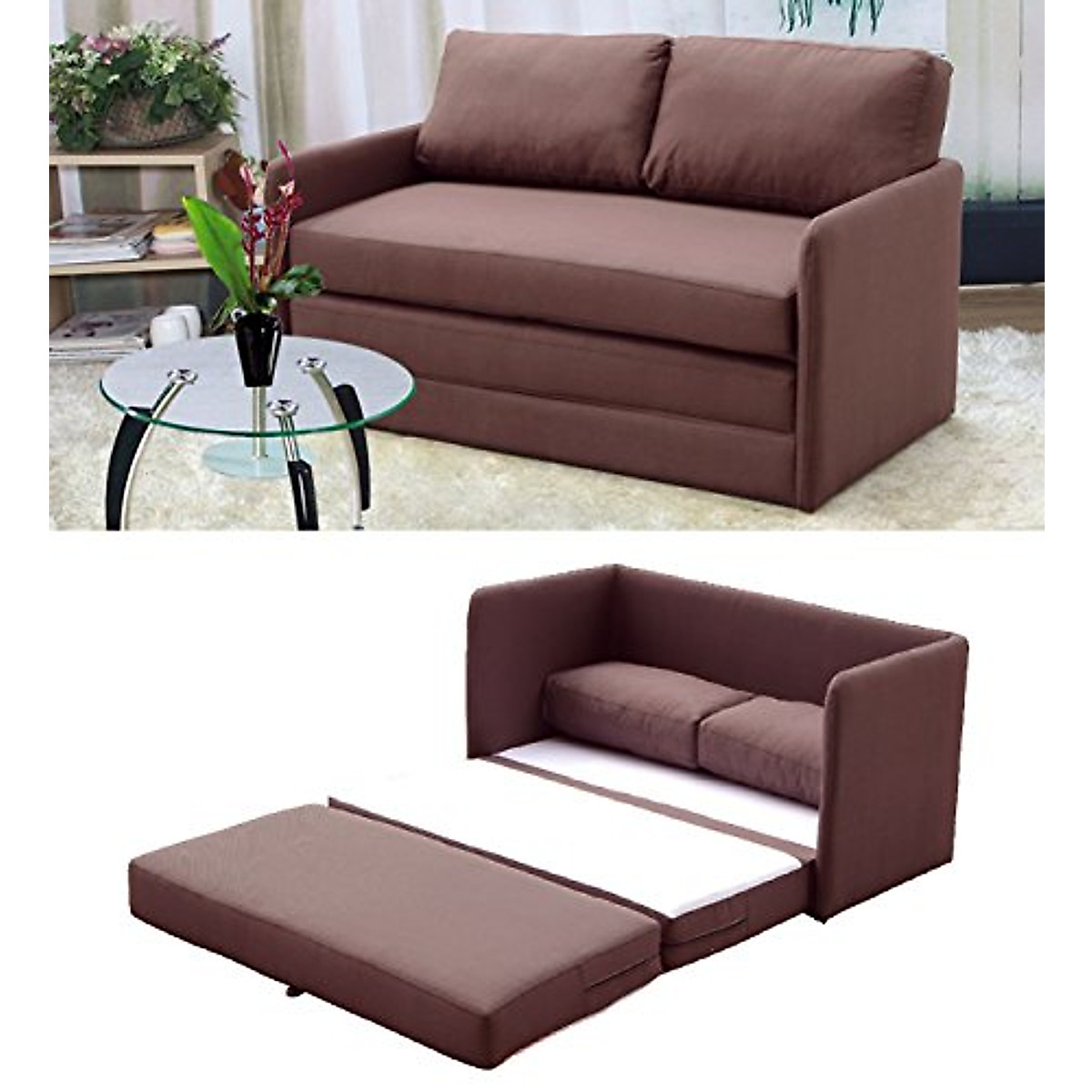 Container Furniture Direct Kathy Modern Contemporary Fabric Upholstered Livingroom Reversible Loveseat Sleeper, Coffee Brown