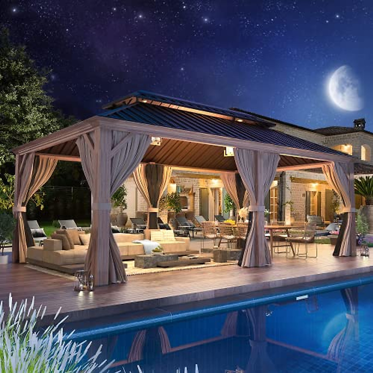 Erinnyees 12' x 20' Aluminum Wood Grain Hardtop Gazebo, Outdoor Aluminum Double Roof with Privacy Curtain and Mosquito Net for Patio, Lawn, Garden, Deck(Wood Looking)