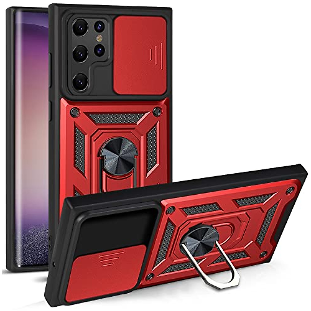 Hokwep for Samsung Galaxy S23 Ultra Case, S23 Ultra 6.8 inch Case with Slide Camera Cover, Built-in 360° Rotate Ring Kickstand, Shockproof Rugged Protective Cover Case for Galaxy S23 Ultra 5G (Red)