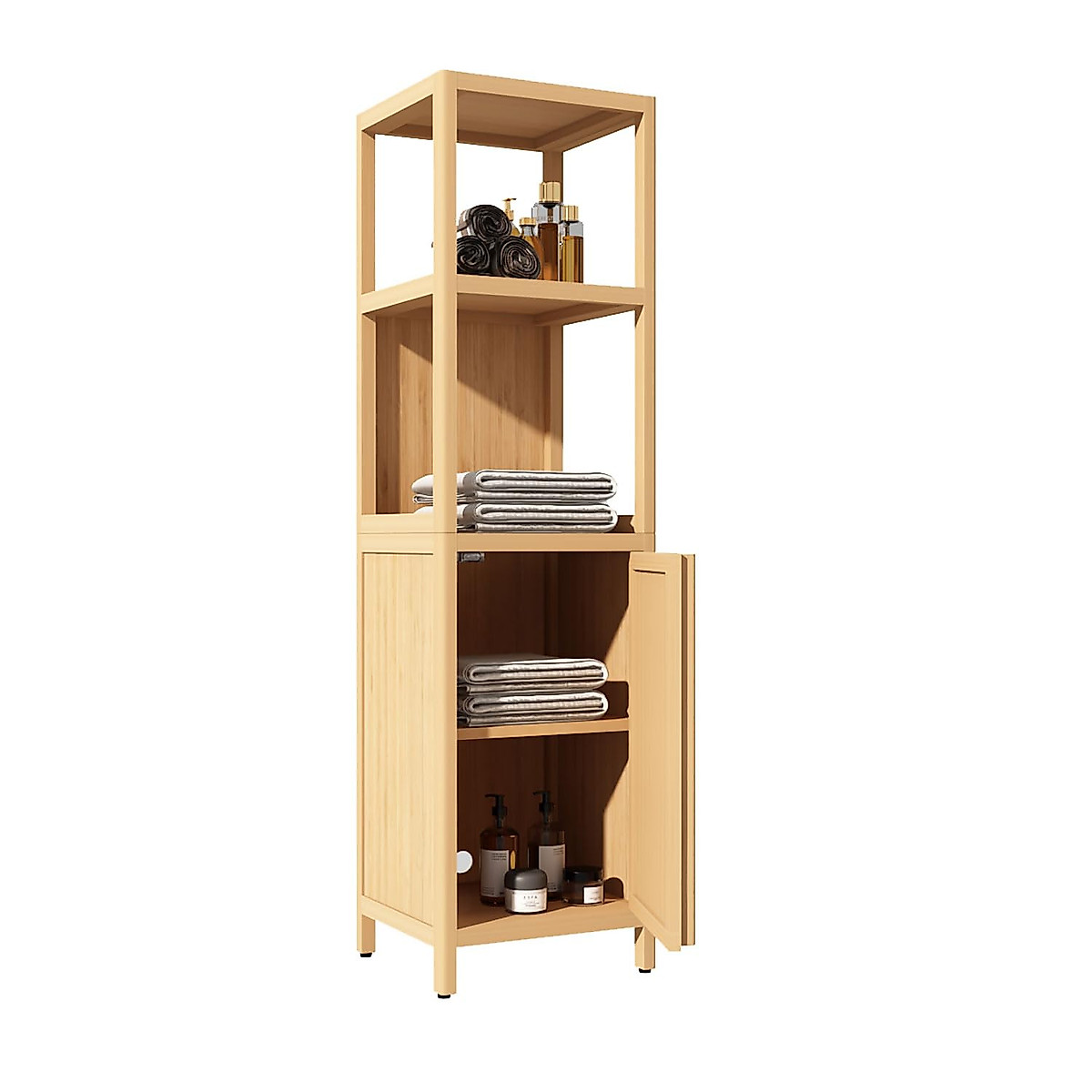 Xmatch Medicine Cabinets, Towel Cabinet Bamboo Handmade 2 Open Shelves and Large Capacity Bathroom Storage Cabinet with 1 Door (52" Towel Cabinet)