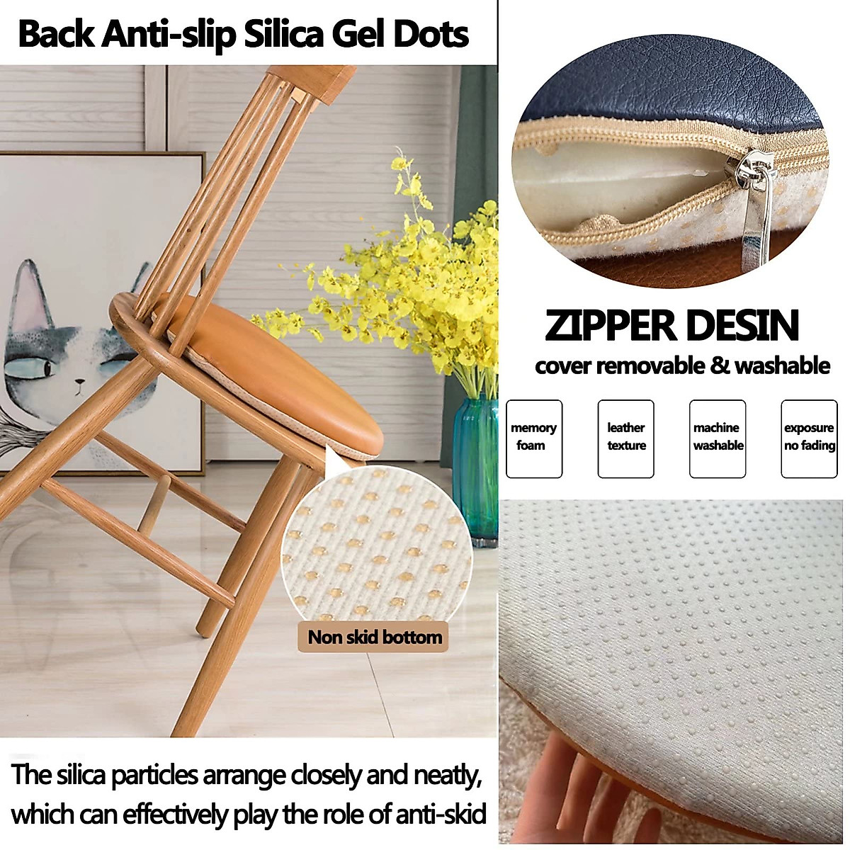 ZIBENE Faux Leather Kitchen Chair Pads, Round Chair Cushions 16 Inch, Seat Cushions for Dining Room Chairs Thick Memory Foam, Waterproof Seat Pads for Chairs Dining Outdoor Indoor Black