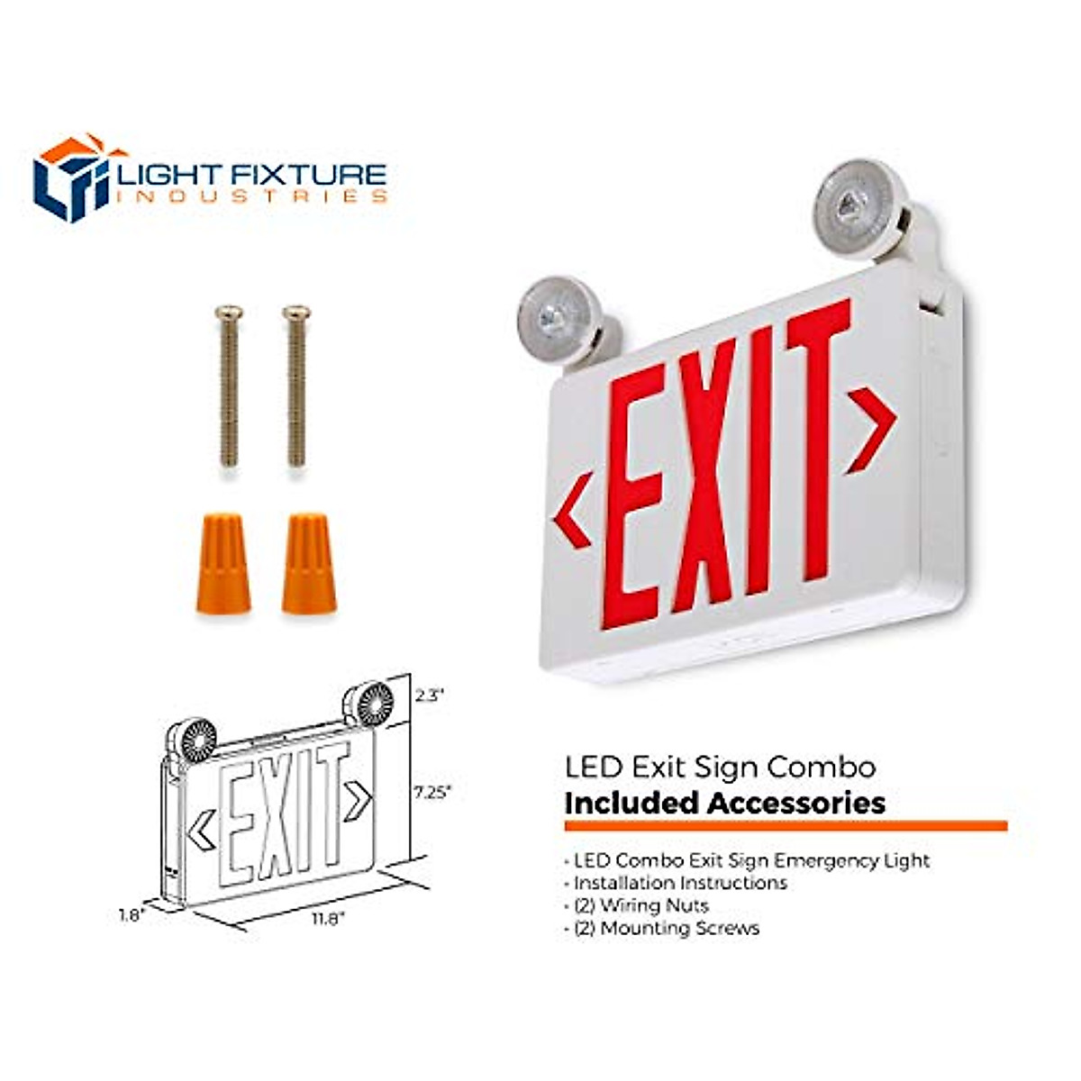 LFI Lights | Compact Combo Red Exit Sign with Emergency Lights | White Housing | All LED | Two Adjustable Round Heads | Hardwired with Battery Backup | UL Listed | (1 Pack) | COMBOC-R