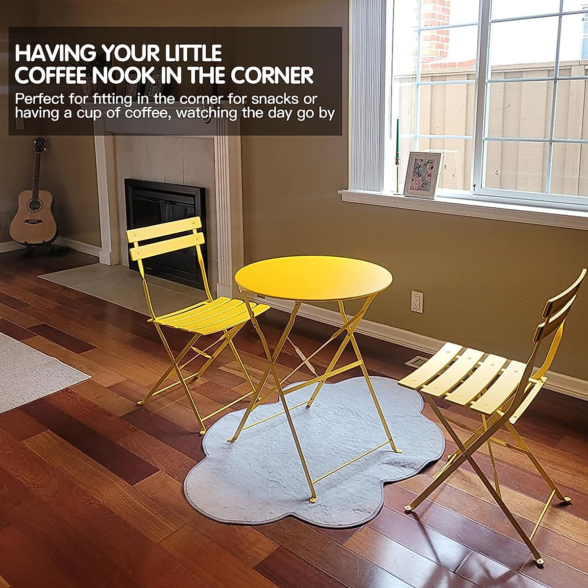 3-Piece Bistro Table and Chairs, Wrought Iron Bistro Set, Anti-Rust, Waterproof Folding Cafe Table and Chairs Set of 2, Foldable Small Bistro Set for Indoor/Outdoor/Porch/Lawn/Balcony/Small Space