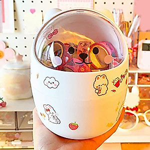 Storage Bucket Desktop with Lid Trash Can Mini Kawaii Cute Bear Trash Bin Storage Box Girl Pen Holder Storage Bucket with Top - White