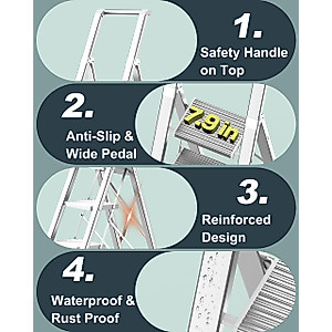 COROCO 6 Step Ladder for 12 Feet High Ceiling, Folding Step Stool with Handgrip and Anti-Slip Wide Pedal, Portable Lightweight Aluminum Stepladder for Kitchen, Home (300 lbs Capacity) - White