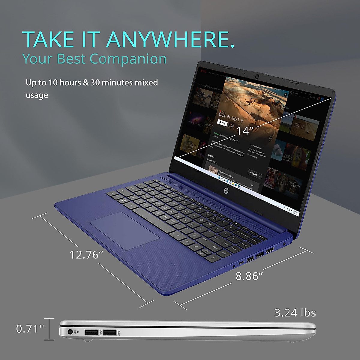 HP 14” HD Touchscreen Laptop, AMD Ryzen 7-5700U, 32GB RAM, 1TB PCIe SSD, AMD Radeon Graphics, HD Webcam, WI-FI 6, Bluetooth, HDMI, Blue, Windows 11, 32GB USB Card