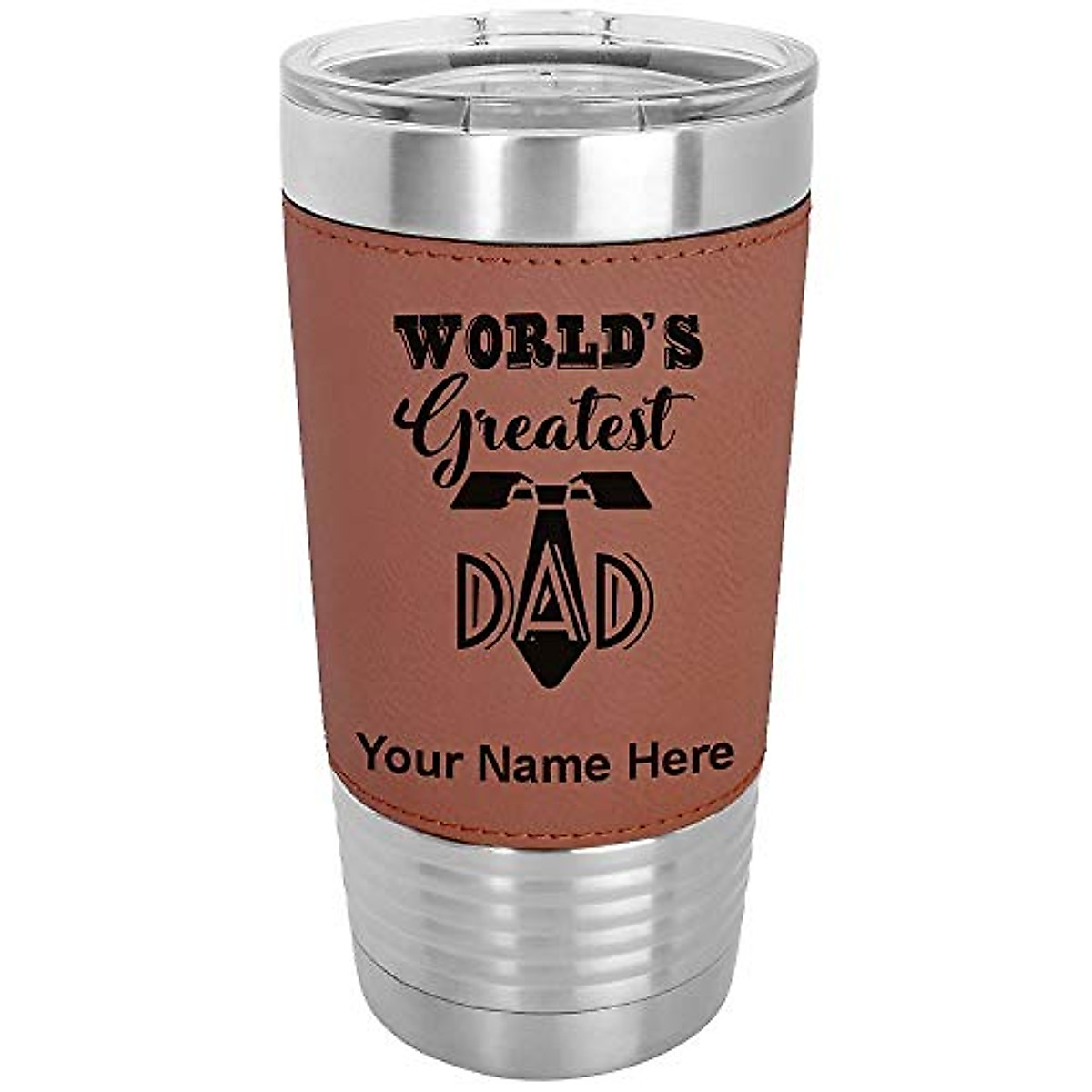 LaserGram 20oz Vacuum Insulated Tumbler Mug, World's Greatest Dad, Personalized Engraving Included (Faux Leather, Dark Brown)