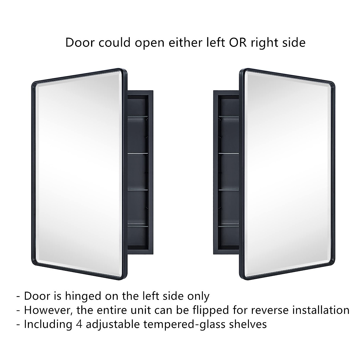 TEHOME Farmhouse Matt Black Recessed Bathroom Medicine Cabinet with Mirror Rounded Rectangle Metal Framed Medicine Cabinet with Beveled Mirror 20x30''