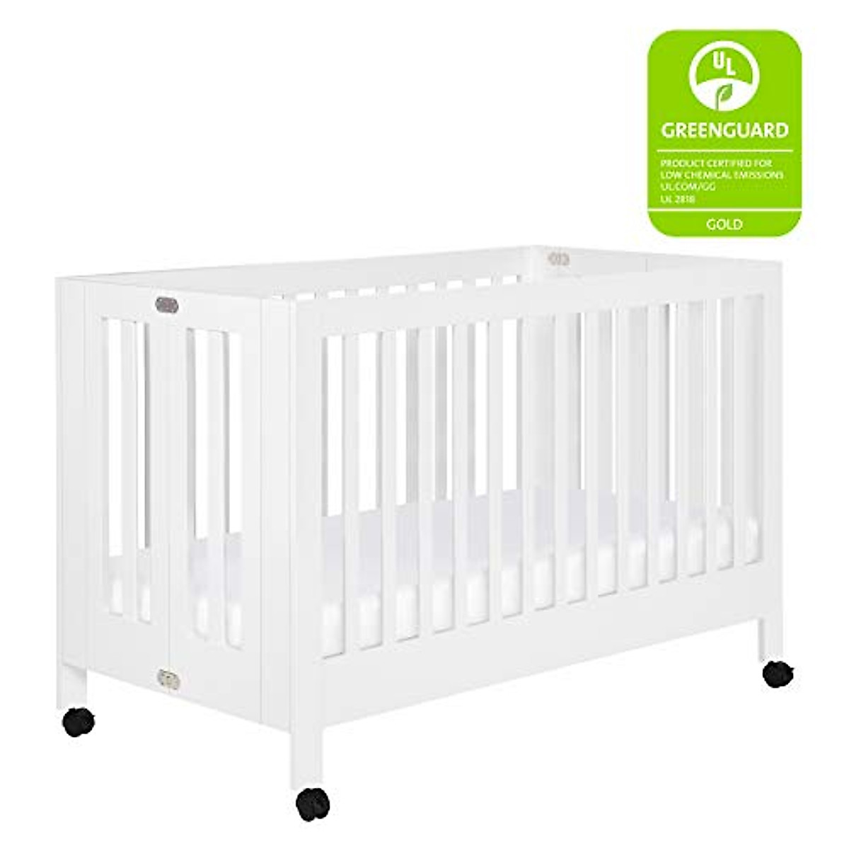 Babyletto Maki Full-Size 2-in-1 Portable Folding Crib with Toddler Bed Conversion Kit in White, Greenguard Gold Certified