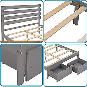 Novaris Queen Size Pine Platform Bed Frame with 2 Storage Drawers, Modern Classic Platform Bed with Headboard/Wood Slats Support/No Box Springs Needed for Bedroom Apartment Girls Boys (Queen, Gray)