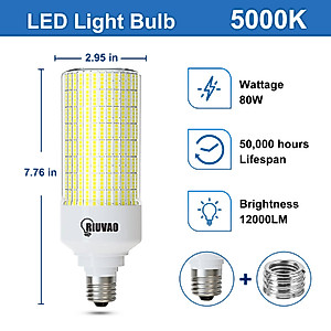 RIUVAO Led Corn Light Bulb 2 Pack,800W Equivalent 5000K Daylight 12000Lm Super Bright E26/E39 Base 80W Led Corn Bulbs,Replace Metal Halide HID CFL Led Bulb for Outdoor Indoor Area