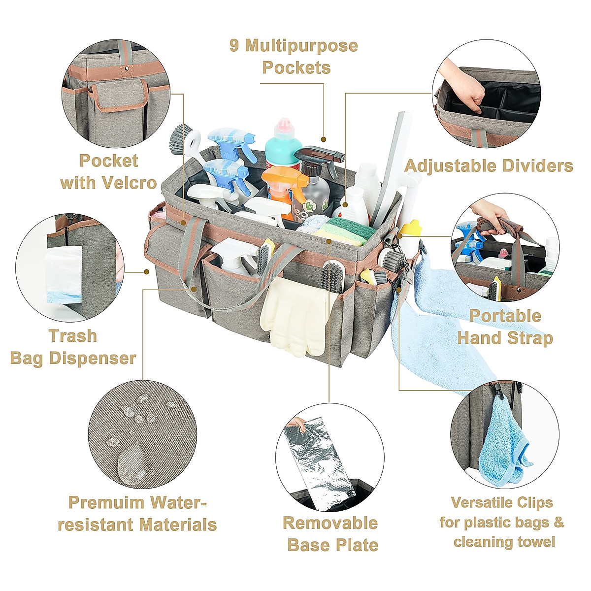 Cleaning Caddy, Cleaning Supplies Organizer with Handles for Cleaning Products Storage, Large Wearable Cleaning Tools Tote Bag for Housekeeping,Car,Home,Kitchen Work (Large, Grey)