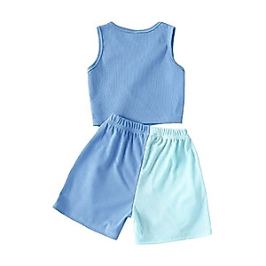 Verdusa Girl's 2 Piece Workout Outfit Colorblock Crop Tank Top and Short Sets Blue 8Y