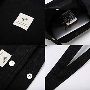Canvas Tote Bag for Women Washable Reusable Carry Shoulder Bag With Inner Pocket (Black)