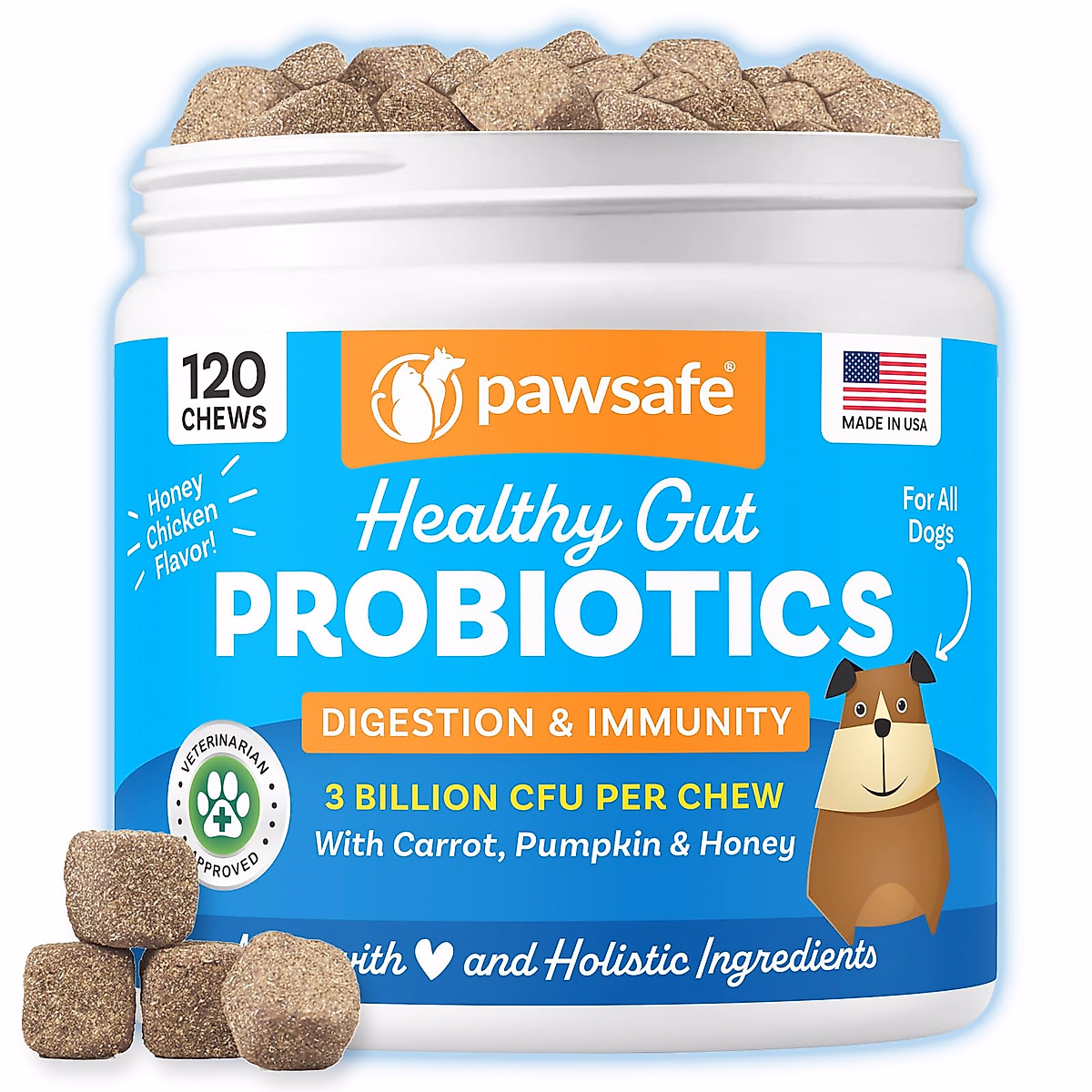 Dog Probiotics, Honey Chicken Flavor, 120 Soft Chews for Digestive & Gut Health, Immune Support Supplement, Gas Relief, Anti-Diarrhea, Helps with Allergies, Upset Stomachs, Yeast and Itchy Skin