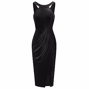 GRACE KARIN Womens Velvet Dress Sleeveless Halterneck Ruched Bodycon Midi Dress Split Cocktail Dress for Women,Black,L