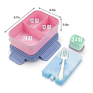 Bento Box for Kids, Two-color design Lunch Box with Sauce Containers, Leak Proof, Dishwasher & Microwave Safe and 3 Compartments Meal Prep Bento Box with Ice Pack for Boys Girls School, Work, Travel