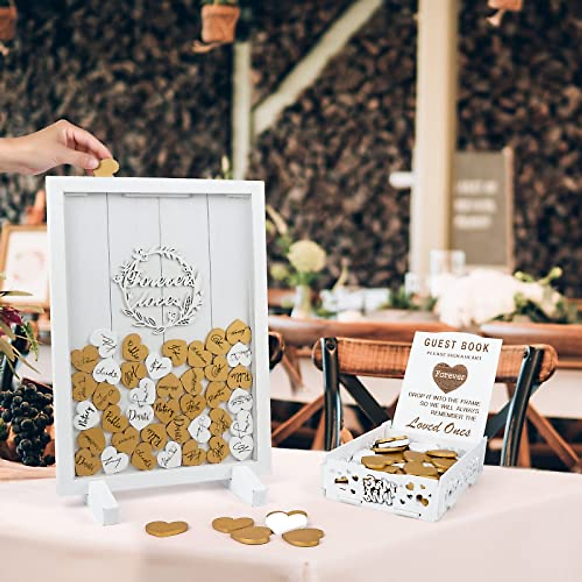 Yeghujar Wedding Guest Book Alternative, 80Pcs Gold & White Wooden Hearts for Guest Book, Pen Sign Drop Wooden Frame and Blackboard, Rustic Guest Book Alternative Wedding Signs Reception Decorations