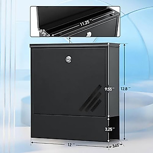 xydled Wall Mounted Mailbox with Lock,Secure Locking Mailbox for Outside, Large Steel Hanging Mailbox Modern Lockable Wall Mailbox for Residential with View Window, 12.8 x 12 x 3.54Inches,Black