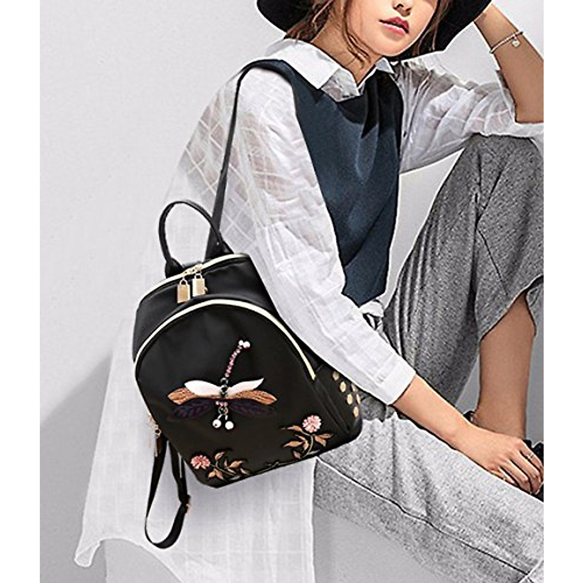 Eilova 3D Dragonfly Embroidery Backpack Floral Book Bag Satchel Purse Handbag