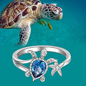 LOVGIFSET Sterling Silver Turtle Ring Rings for Women Sea Turtle Starfish Blue Topaz Animal Jewelry Size 8