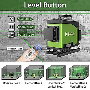 KINAVEL Laser Level 4x360 Self Leveling 16 Lines Green Beam 4D Cross Professional Line Laser Tool Pulse Mode for Construction Tiling Picture Hanging with 2 Batteries, Remote Controller, Lifting Base