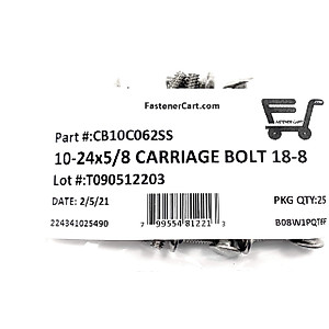 10-24x5/8 Carriage Bolts Stainless Steel 18-8 (25 Pieces)