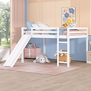 Full Loft Beds with Slide, Low Loft Bed Frame with Ladders Modern Fun Junior Loft Bed for Kids Boys Girls, White