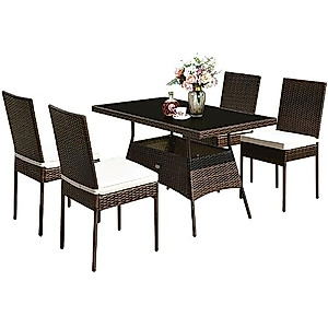 KFJBX 5 PCS Patio Rattan Dining Set Glass Table High Back Chair Garden Deck Mix Brown