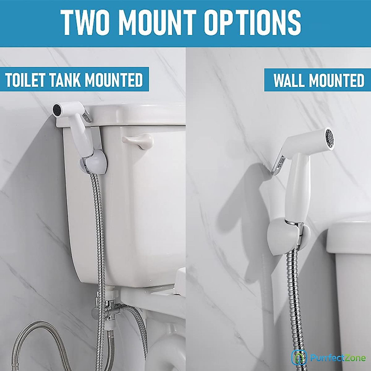 Purrfectzone Bundle of Two Complete Bidet Kits - White Bidet and Stainless Steel Bidet Sprayer for Toilet Sets, Two Kits Bundle