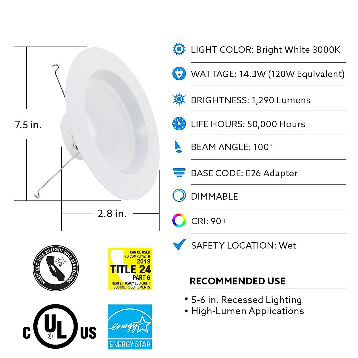 Feit Electric 5,6 inch LED Recessed Downlight, Pre,Mounted Trim, Standard E26 Base Adapter, Dimmable, High Output 120W Equivalent, 1290 Lumens, 45 Year Life, 3000K Bright White - LEDR56HO/930CA