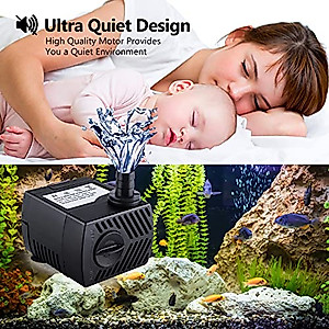 Submersible Fountain Pump 2 Packs 80GPH (4W 300L/H), Quiet Water Pump with 2.6ft High Lift, Fountain Water Pump with 9.8ft（3m）Tubing, 3 Nozzles for Fish Tank, Aquarium, Hydroponics, Statuary, Pond