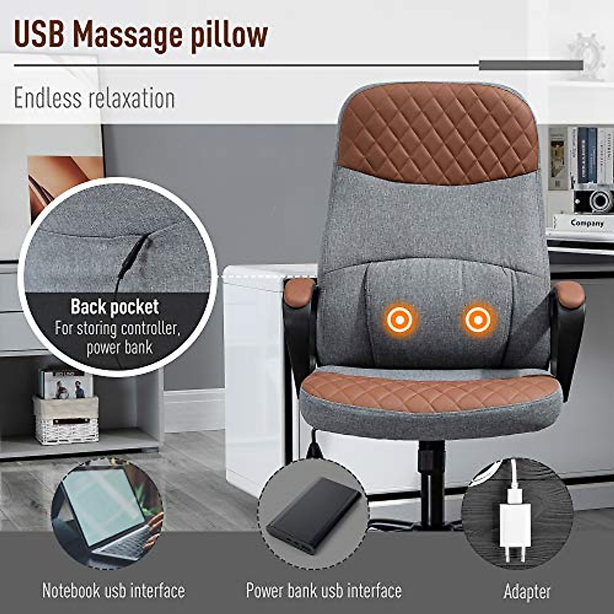 Vinsetto High Back Office Chair with 2-Point Lumbar Massage, USB Power, Faux Leather, and Linen Fabric, Brown and Grey