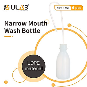 ULAB 6pcs of Vol.250ml (8oz) Wash Bottles, Narrow Mouth Squeeze Bottles, LDPE material, with Long Dispensing Tube, UWB1025