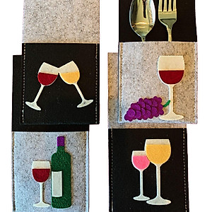 Wine Tasting Party Silverware Holders - 8 Pack Made of Sturdy, Colorful Felt with Fun Wine Bottle, Glass and Grape Images. Terrific for Entertaining or Book Club Hostess or House Warming Gift
