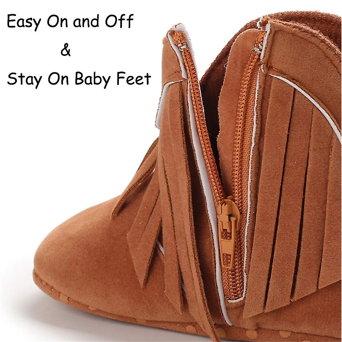 Timatego Baby Girl Cowboy Tassel Boots Side Zipper Non Slip Stay On Booties Infant Toddler First Walker Warm Winter Crib Shoes 3-18 Months, Baby Girl Boots 3-6 Months Infant, 02 Brown