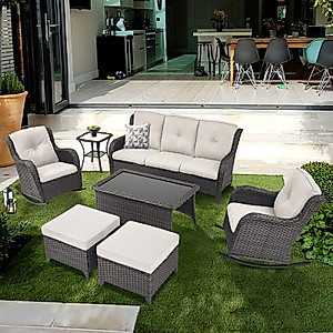 Belord Patio Rocking Chairs Bistro Set - Wicker Outdoor Rocking Chairs Set of 2 with Side Table, All Weather Rattan Rocker Seating Patio Furniture Set for Porch Balcony Garden Brown